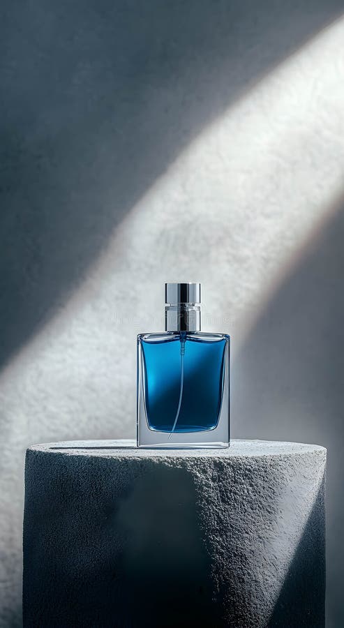 A Bottle of Men S Perfume in Blue on a Stone Podium Against a Gray Wall ...
