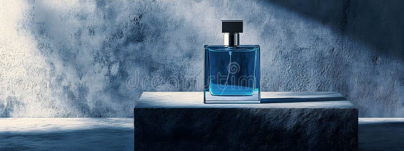 A Bottle of Men S Perfume in Blue on a Stone Podium Against a Gray Wall ...