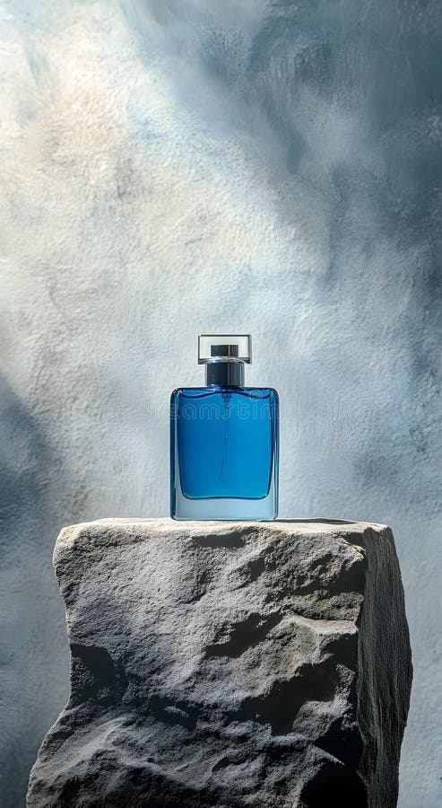 A Bottle of Men S Perfume in Blue on a Stone Podium Against a Gray Wall ...