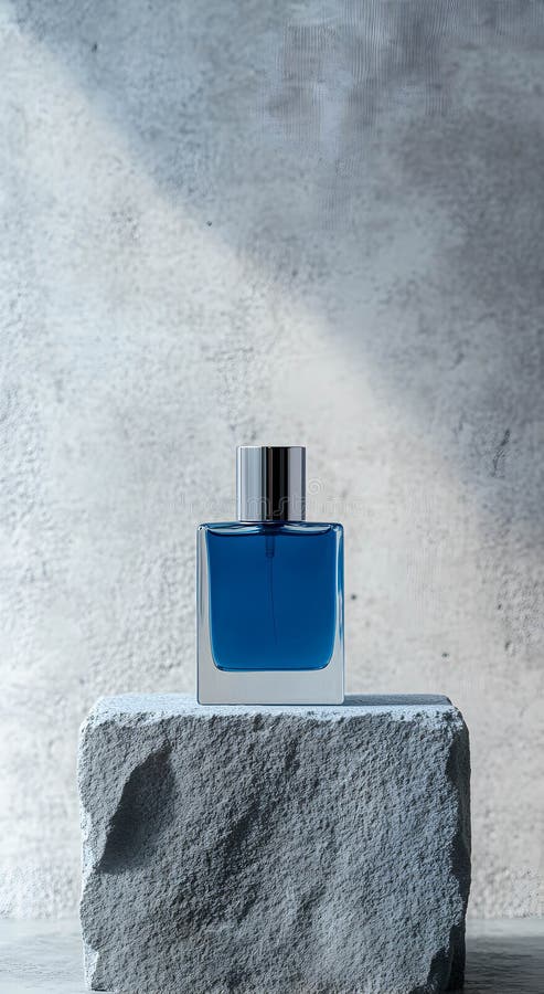 A Bottle of Men S Perfume in Blue on a Stone Podium Against a Gray Wall ...
