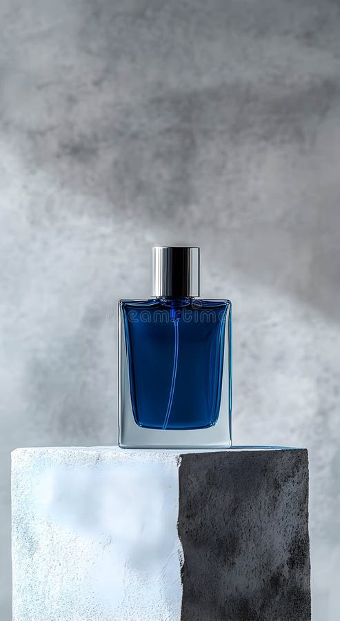 A Bottle of Men S Perfume in Blue on a Stone Podium Against a Gray Wall ...
