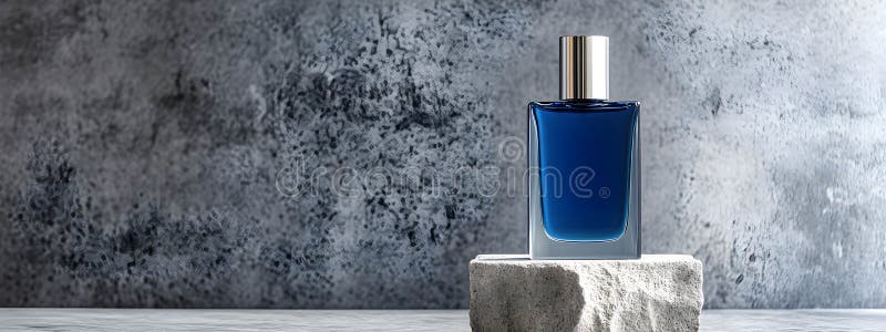 A Bottle of Men S Perfume in Blue on a Stone Podium Against a Gray Wall ...
