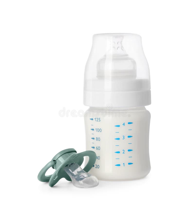 Bottle with Milk and Baby Pacifier Isolated on White Stock Image ...