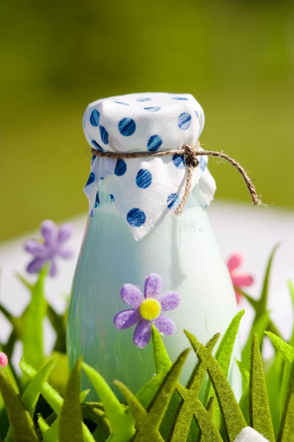 Bottle of Milk in Decorative Basket with Flowers Stock Image - Image of ...