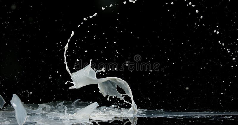 Bottle of Milk Falling and Exploging Against Black Background Stock ...