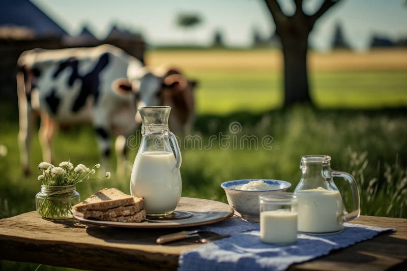 Bottle of Milk, Glass, Cheese on a Table in Cow Farm Stock Illustration ...