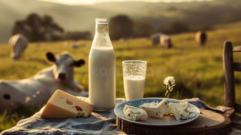 A Bottle of Milk, a Glass of Milk and a Plate of Cheese on the Table in ...