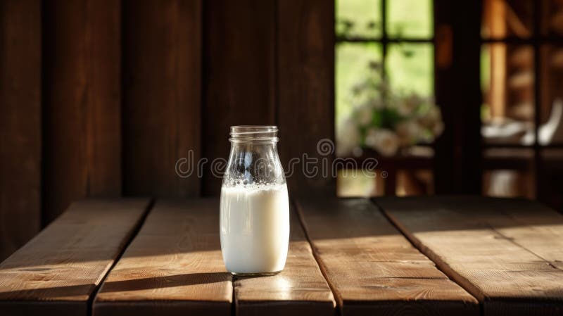 Bottle of Milk on Wooden Table with Rustic Interior Stock Image - Image ...