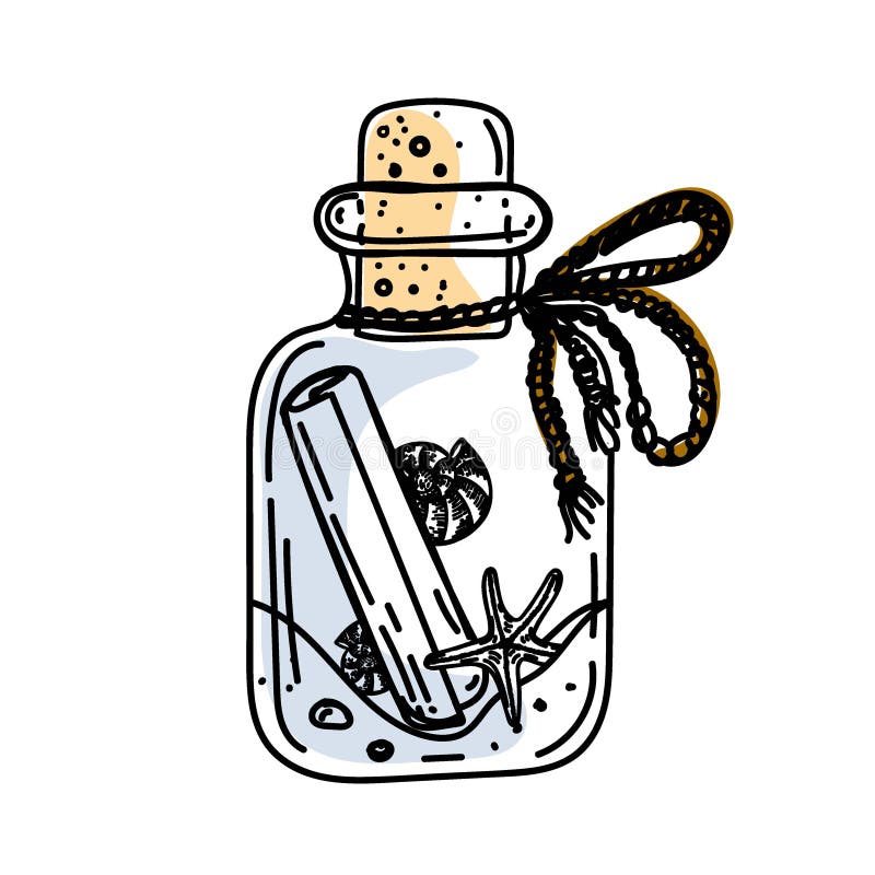 Bottle with a Note Inside, Hand-drawn in Doodle Style. Vintage Bottle ...