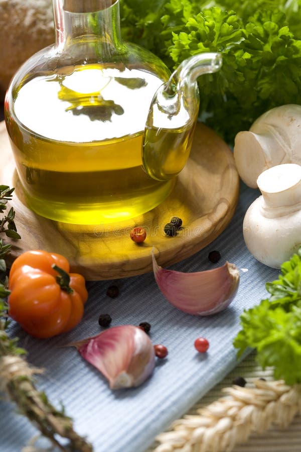 Oil Olive and condiments. stock photo. Image of diet, health - 5019714