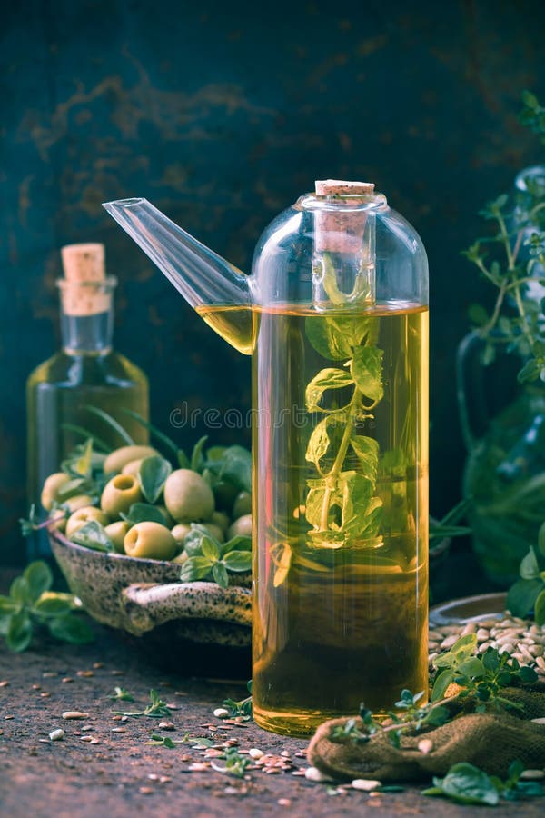 A Bottle Olive Oil Fruits Branches Herbs Stock Photo - Image of gold ...