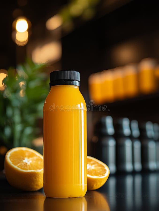 Bottle of Orange Juice with Fresh Oranges in a Modern Setting Stock ...