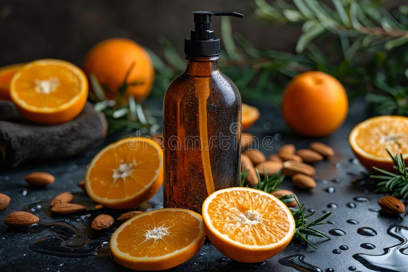 Bottle of Orange Oil with Almonds and Orange Slices. Generative AI ...