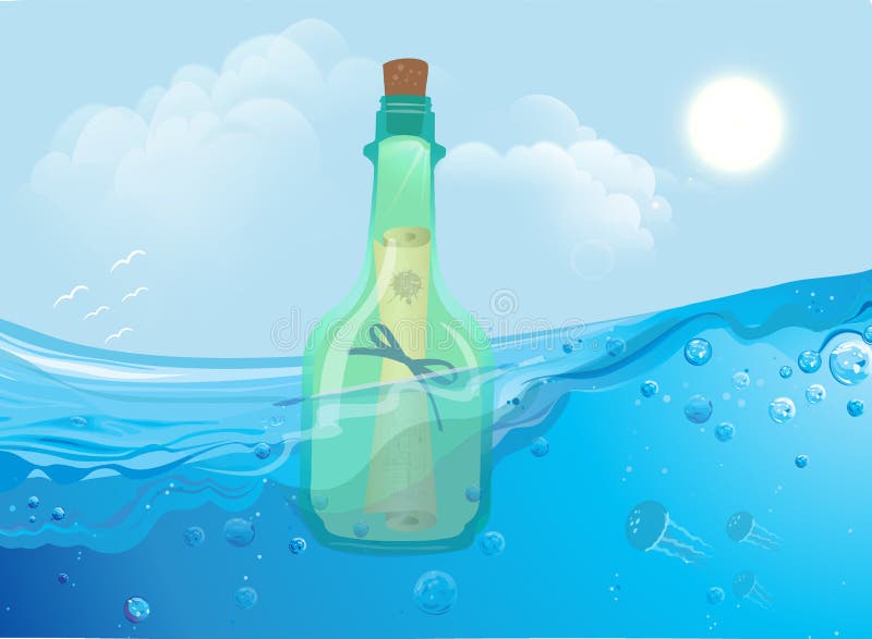 Message In A Bottle Floating On Ocean Stock Illustration - Illustration ...