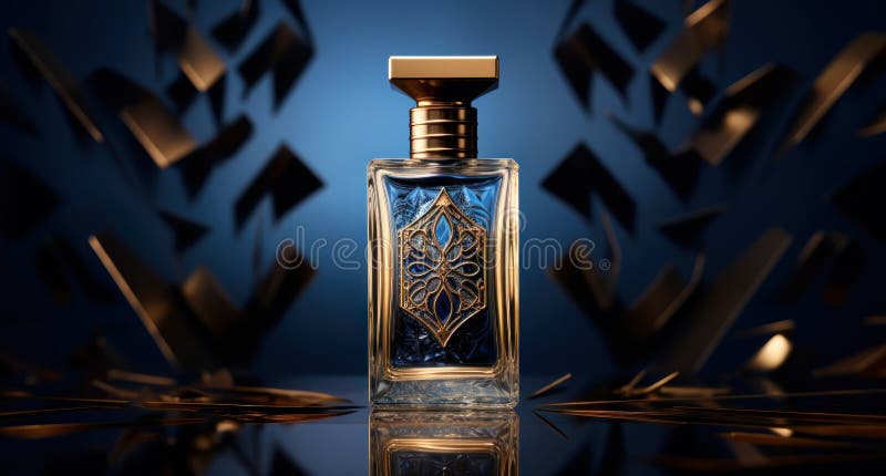 A Bottle of Perfume on a Blue Background with Gold and Black, Stock ...