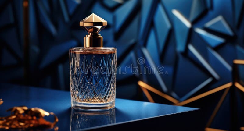 A Bottle of Perfume on a Blue Background with Gold and Black, Stock ...