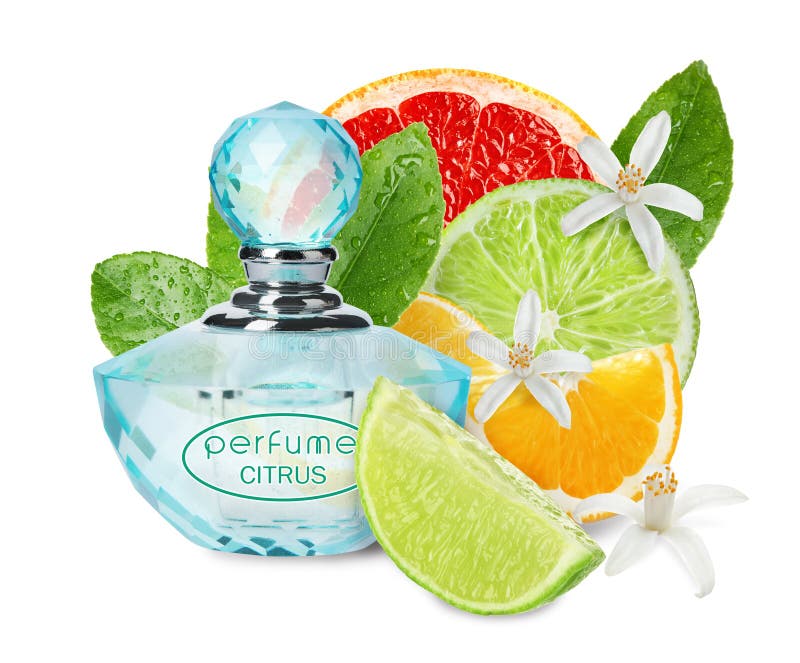 Bottle of Perfume with Citrus Scent on White Background Stock Photo ...