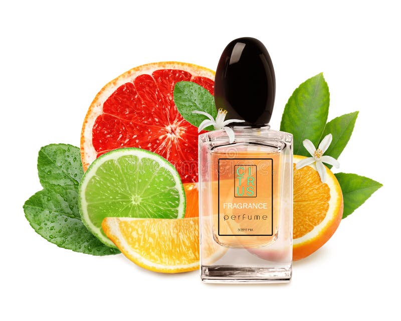 Bottle of Perfume with Citrus Scent on White Background Stock Photo ...