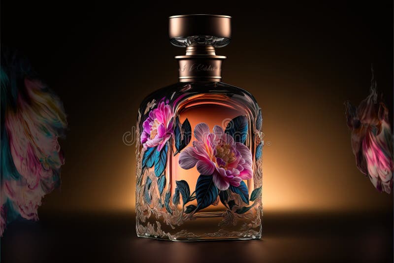 A Bottle of Perfume with a Flower Design on it and a Flower on the Side ...
