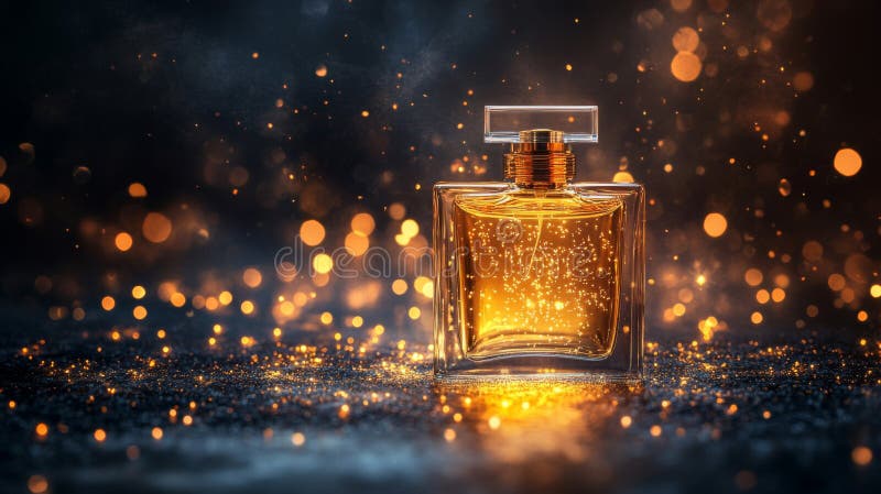 A Bottle of Perfume with a Golden Cap, Illuminated by Sparkling Lights ...