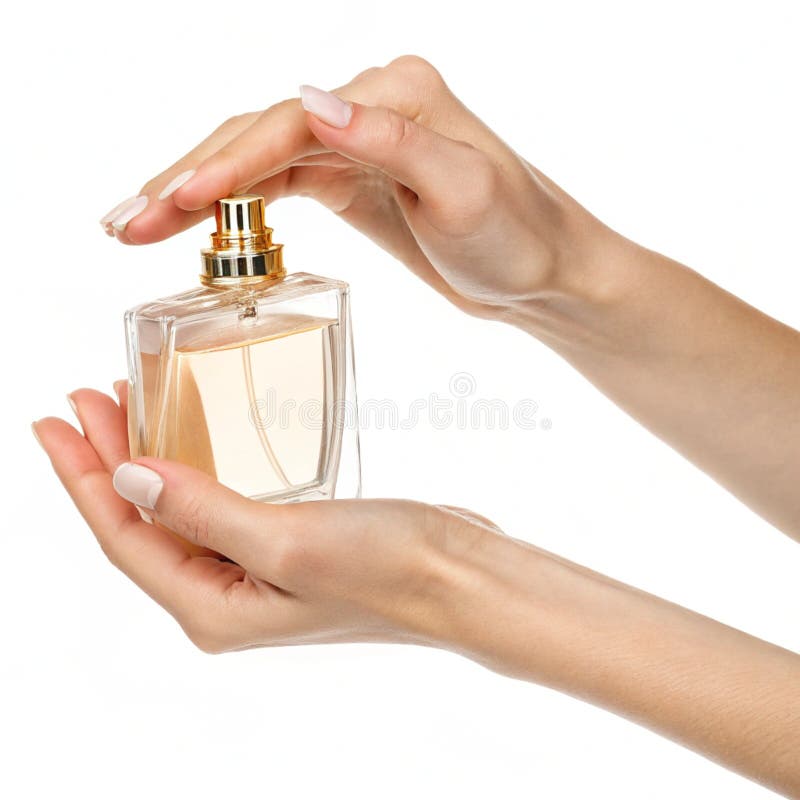 Bottle of Perfume Held by Hands Isolated on White Background Stock ...