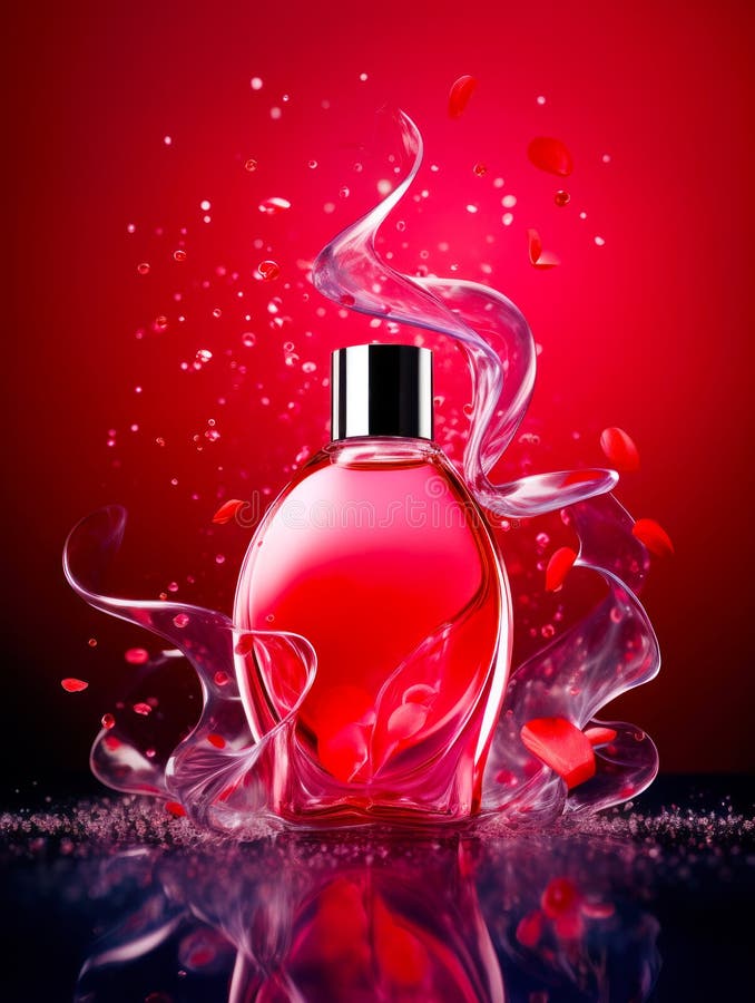 Bottle of Perfume with Red Background and Splash of Water on it ...