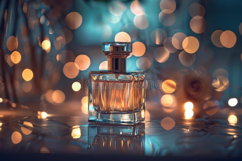 Bottle of Perfume Reflecting on Table with Bokeh Lights Stock Photo ...