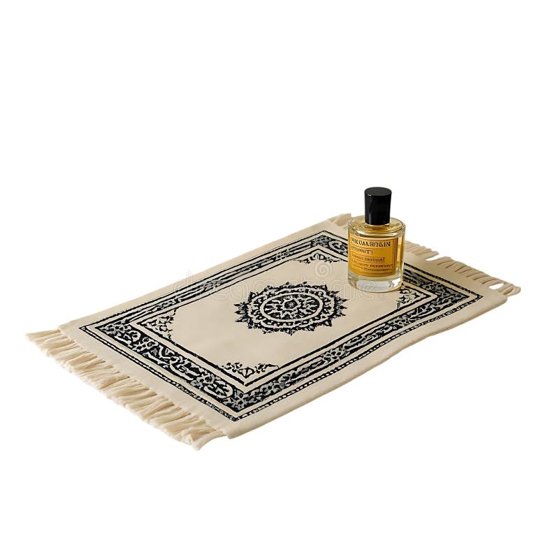 Perfume Bottle on a Patterned Rug with Fringe Against a White ...