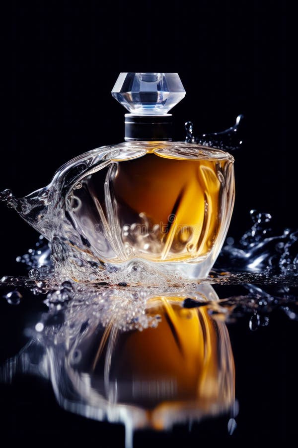 Bottle of Perfume with Water Splashing Around it on Black Background ...