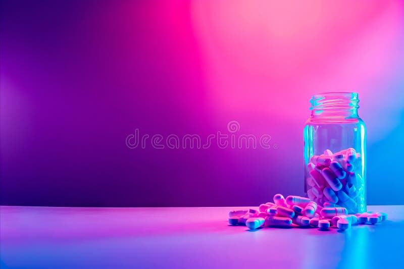 A Bottle of Pills on a Table with Neon Lights Stock Image - Image of ...