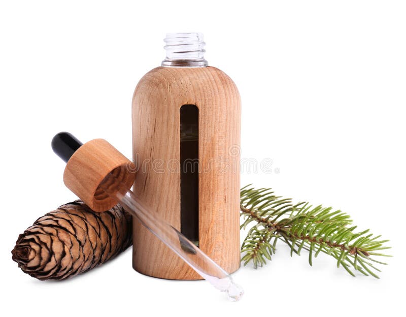Bottle of Pine Essential Oil and Cone on White Background Stock Photo ...