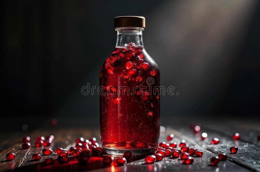 Bottle of Pomegranate Juice with Seeds in Dim Light on Wooden Surface ...