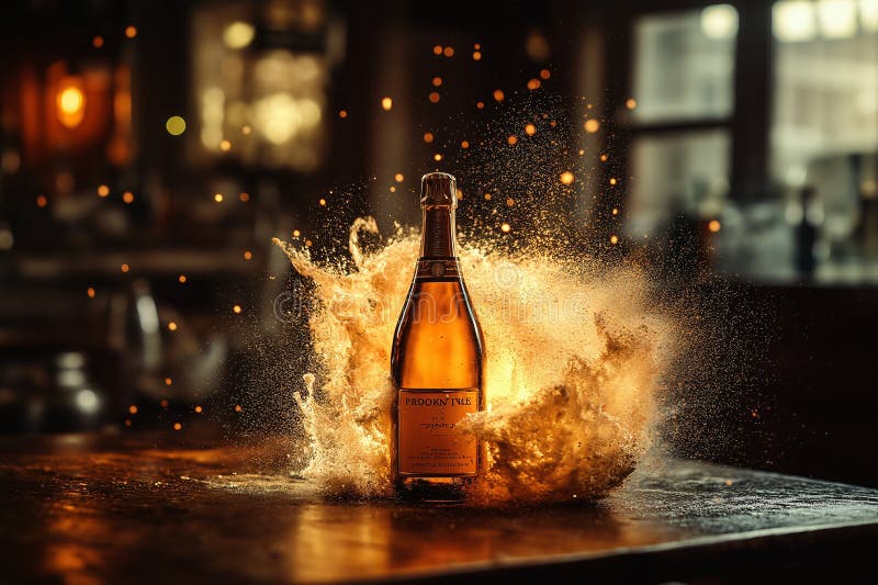 Prosecco Bottle Explosively Uncorked in a Rustic Bar Setting with ...