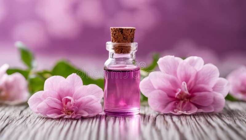 A Bottle of Purple Liquid with a Cork in it Sits on a Table with Pink ...