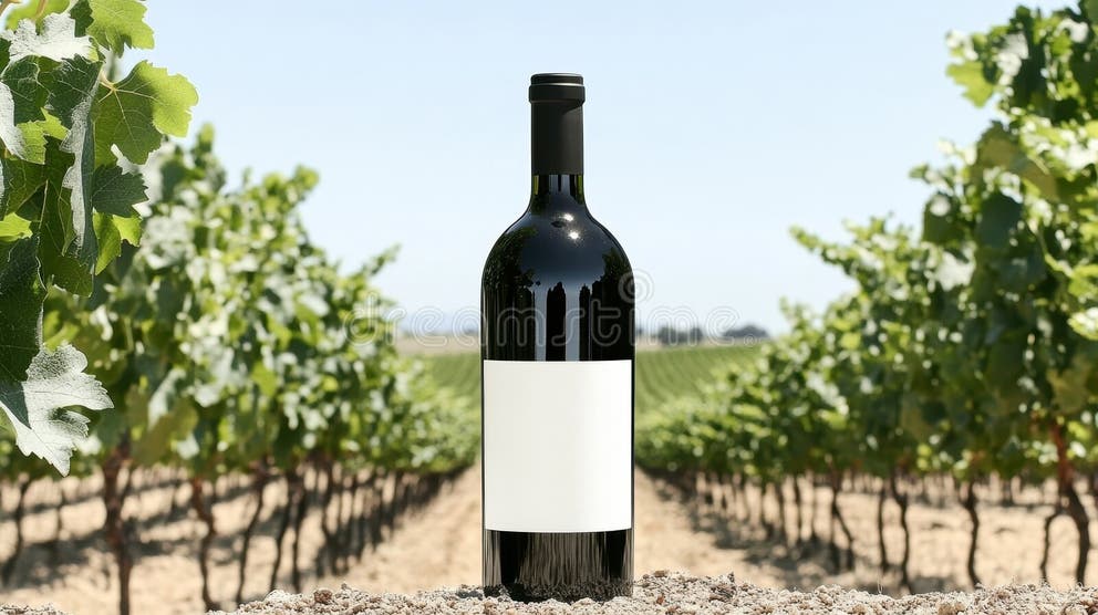 Bottle of Red Wine with Blank Label in Vineyard Under Clear Blue Sky ...