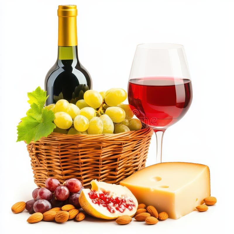 Wine, Cheese, and Grapes in a Basket. Stock Illustration - Illustration ...