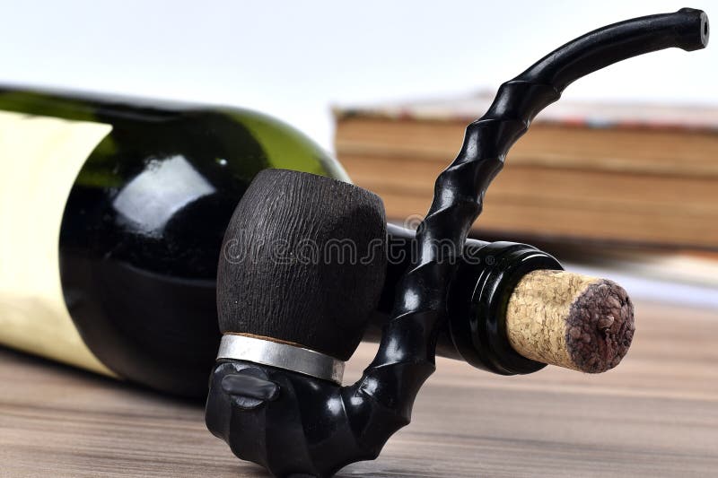 Bottle of Red Wine with Pipe and Old Book Stock Image - Image of ...