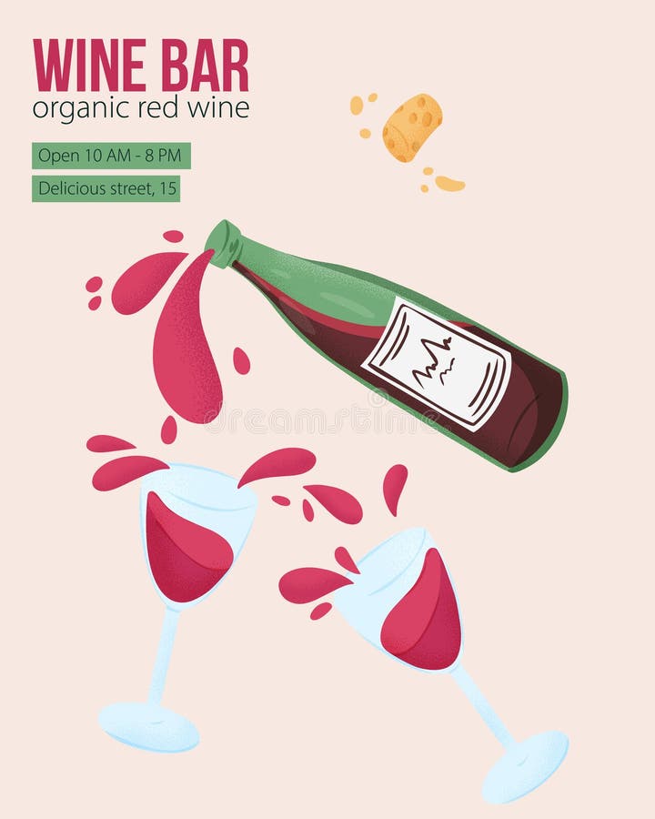 The Bottle of Red Wine with Two Glasses and Wine Plug Vector Hand Drawn ...