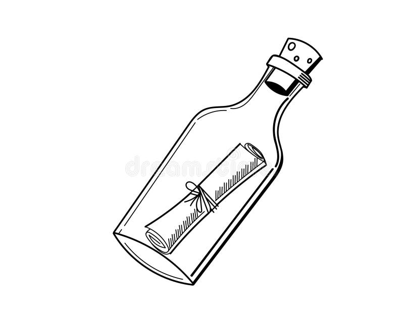 Bottle with a Rolled-up Message Inside, Drawn in a Vintage Style. Ideal ...