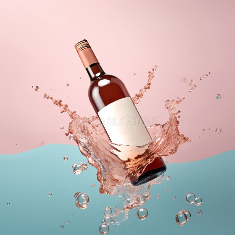 Bottle of Rose Wine Floating in Liquid Splash. Wine Bottle Mockup with ...