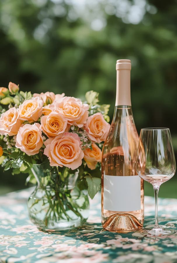 Bottle of Rose Wine with Mock-up Label on an Outdoor Table. Stock ...