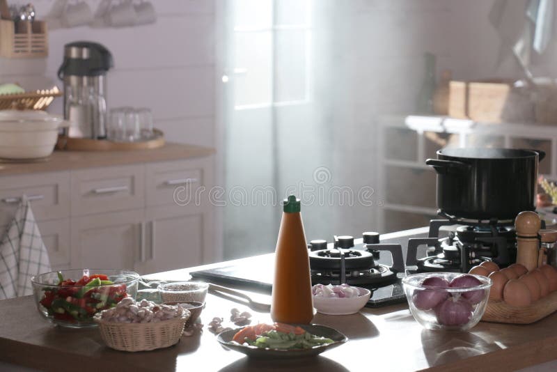 A Sauce Bottle Put on Counter with a Lot of Ingredient Stock Image ...