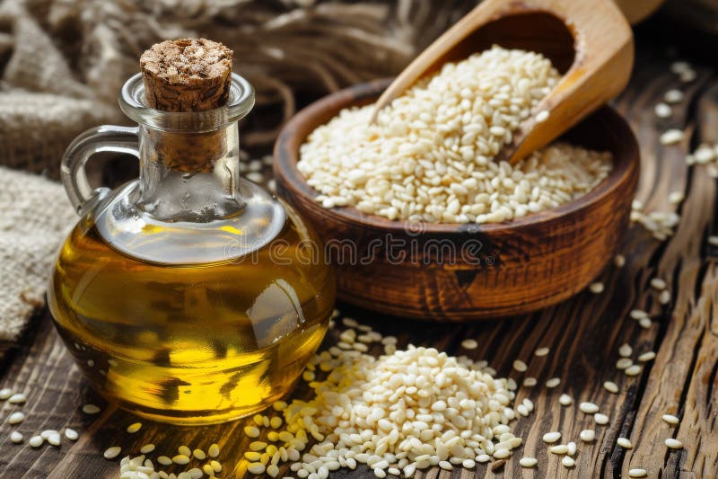 Bottle of Sesame Oil and Sesame Seeds Stock Photo - Image of bottle ...