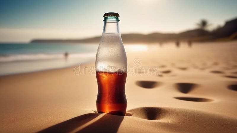 A Bottle of Soda Stands in the Sand on the Beach Stock Photo - Image of ...