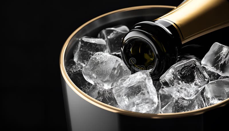 Bottle of Sparkling Wine in Cooler Bucket on Black Mirror Surface ...