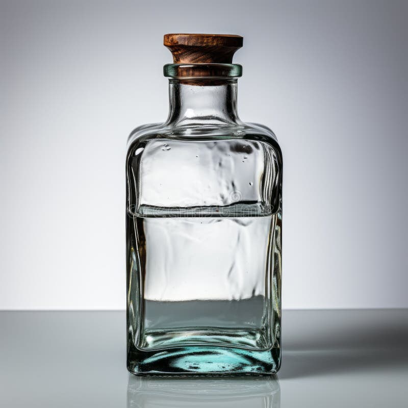 Simplistic Glass Bottle with Water and Wooden Cap on Gray Emulsion ...