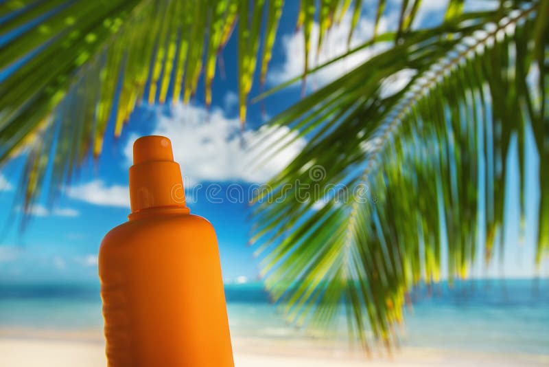 Bottle of Sun Protection Lotion and Palm Leaf on the Background Stock ...