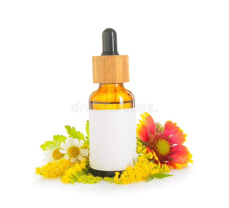 Bottle of Tincture and Flowers Isolated on White Stock Photo - Image of ...