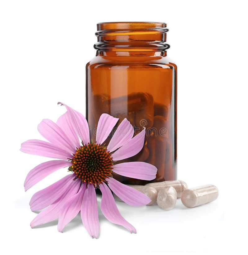 Bottle with Vitamin Pills and Beautiful Echinacea Flower on White ...