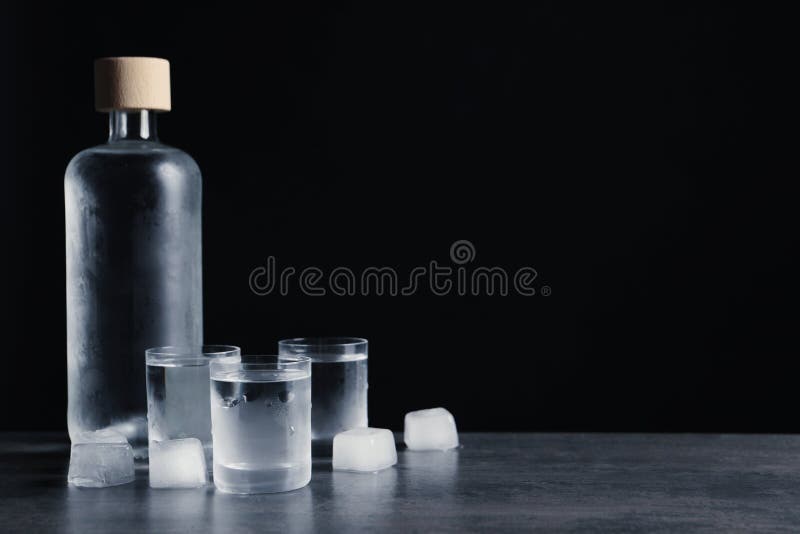 Bottle Vodka Shot Glasses Ice Dark Table Against Black Background Stock Photos - Free & Royalty ...